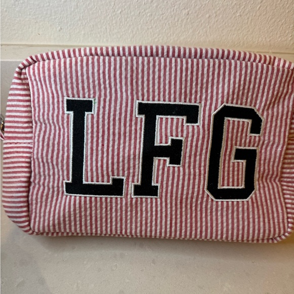 Bags | Red And White Striped Pouch With Lfg Letters | Poshmark